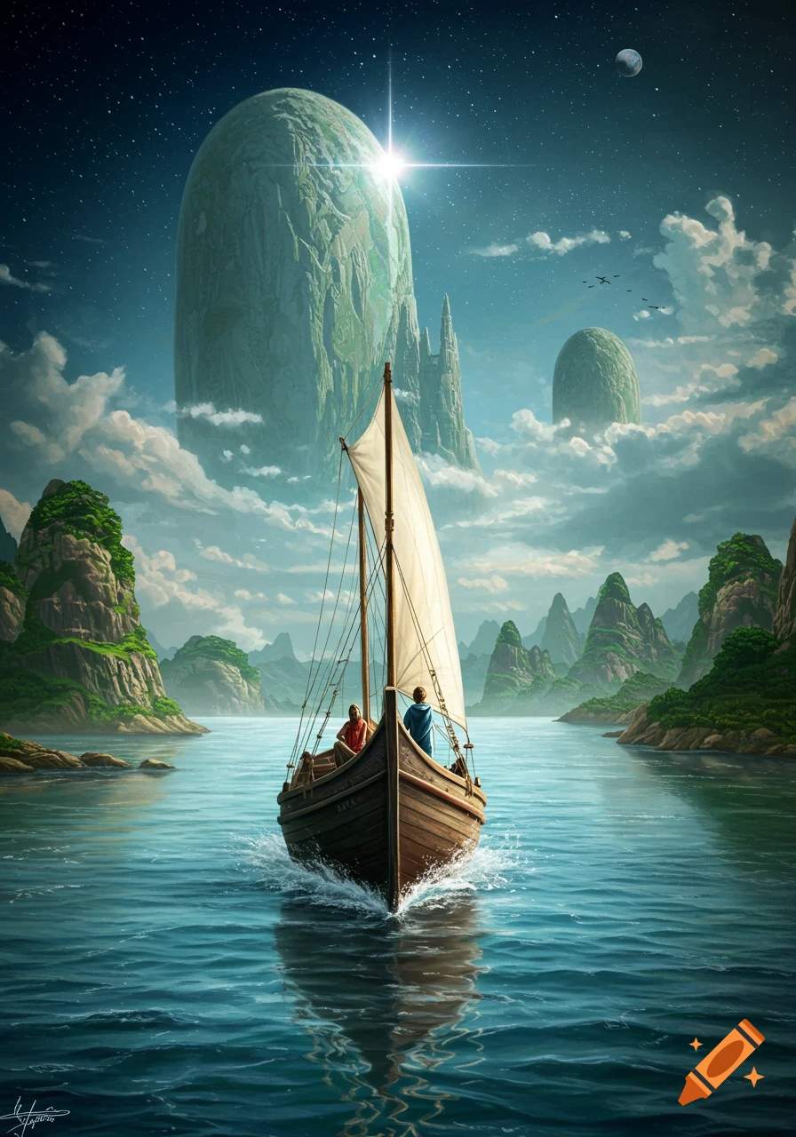 Boat with two figures sailing towards a large alien planet and rock ...