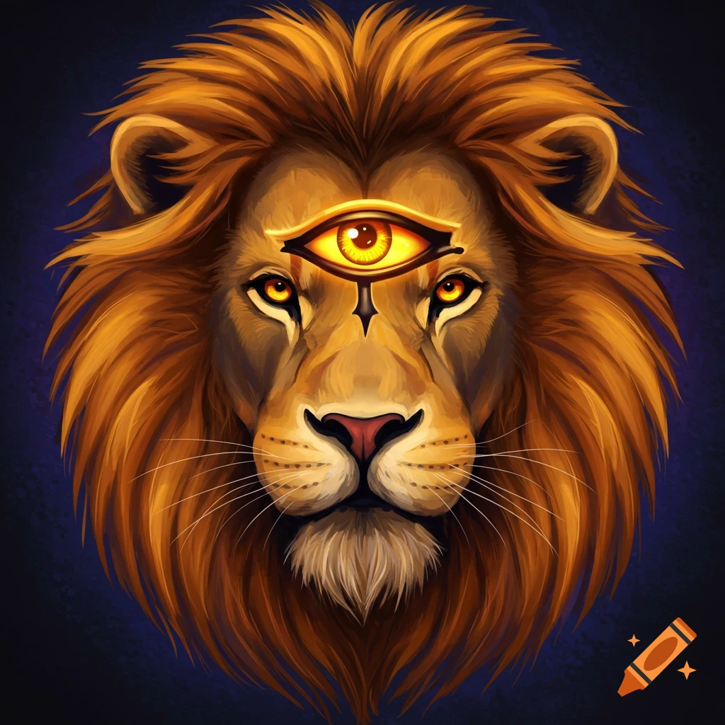 Close-up digital painting of a lion's head with an Eye of Horus symbol ...
