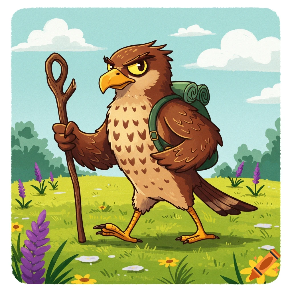 Cartoon hawk with backpack and walking stick hiking in a field. on Craiyon