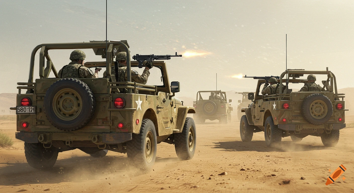 Military jeeps with soldiers firing guns drive through a desert ...