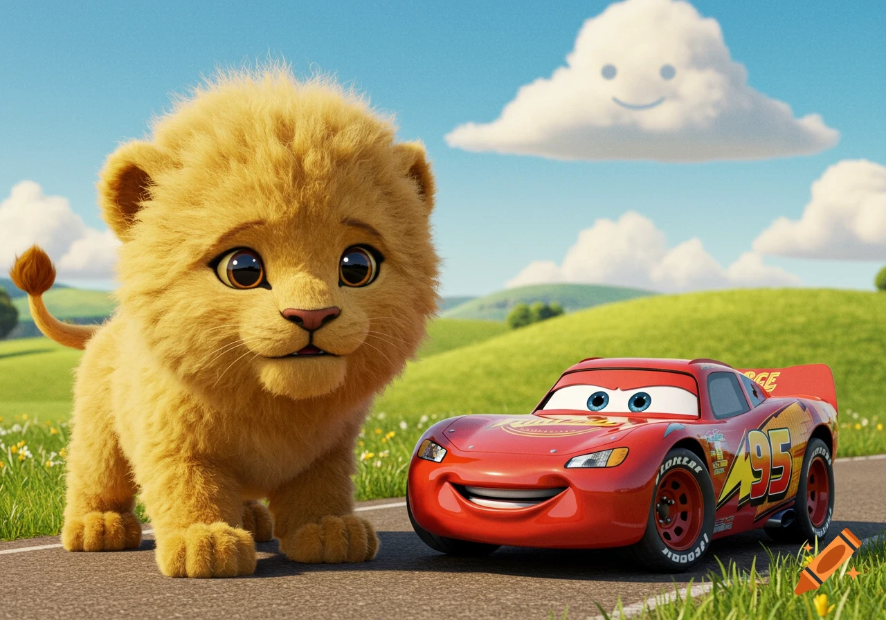 A cartoon cub lion stands next to Lightning McQueen on a road in a ...