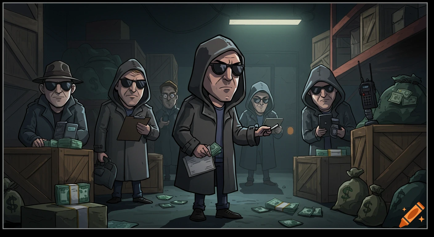 Cartoon illustration of shady characters in a dimly lit warehouse with ...