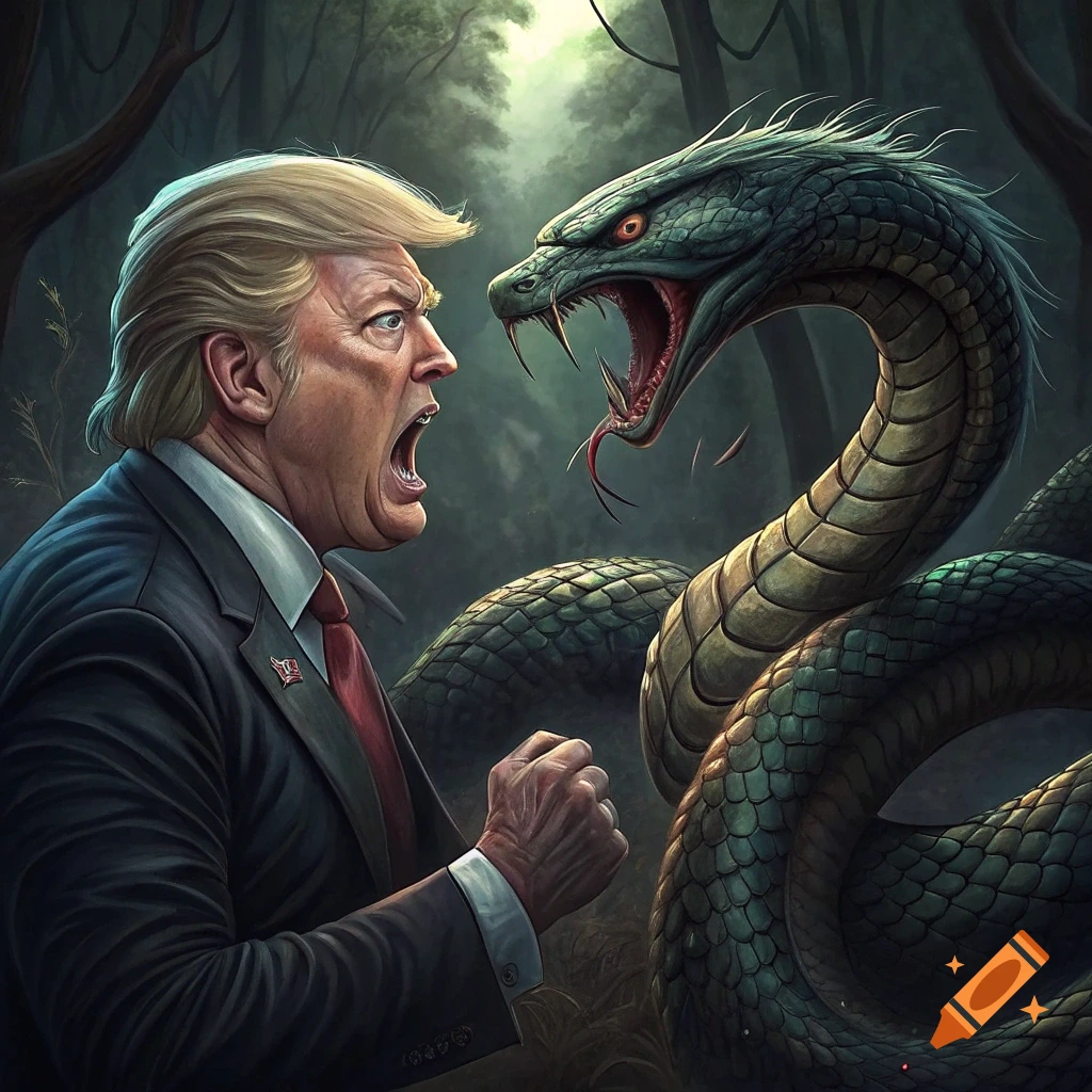 Donald Trump yelling at a large snake in a dark forest, digital art. on ...
