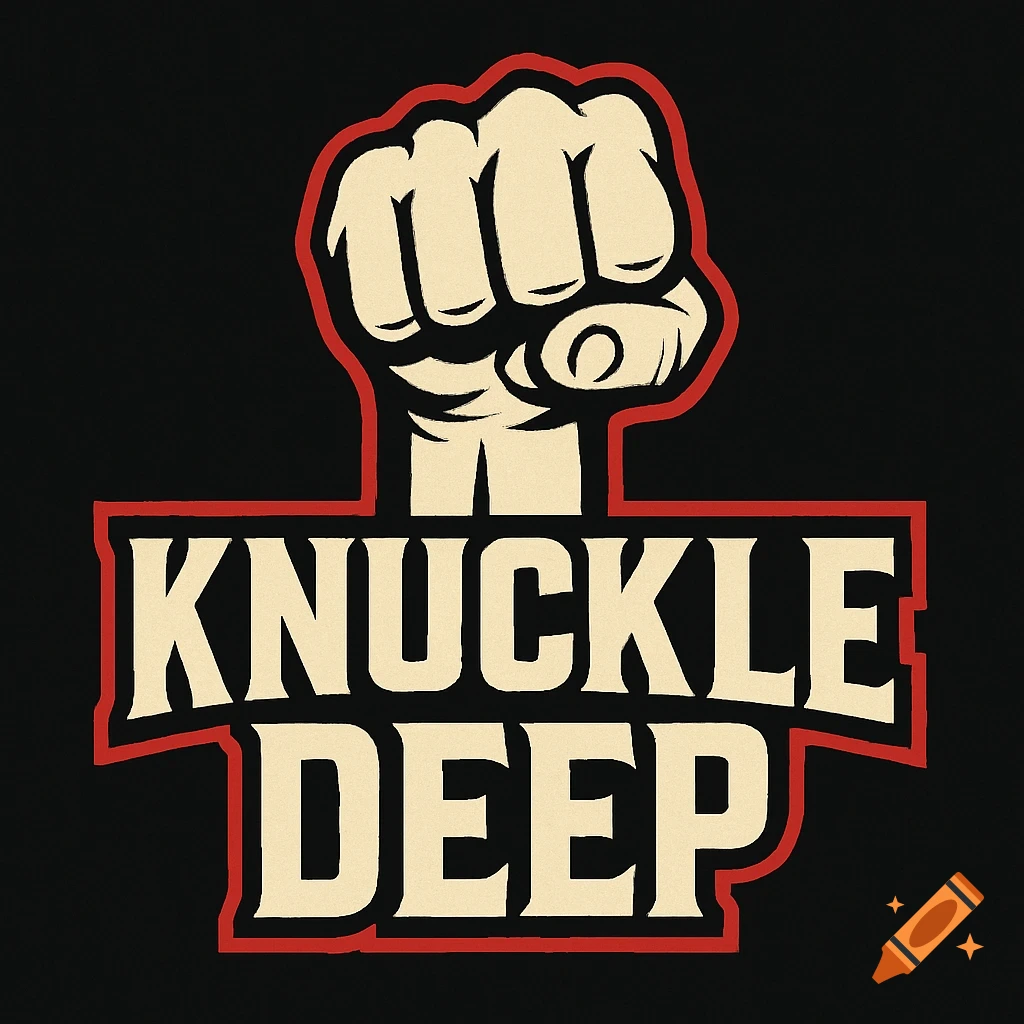 A graphic logo featuring a raised fist above the text KNUCKLE DEEP ...
