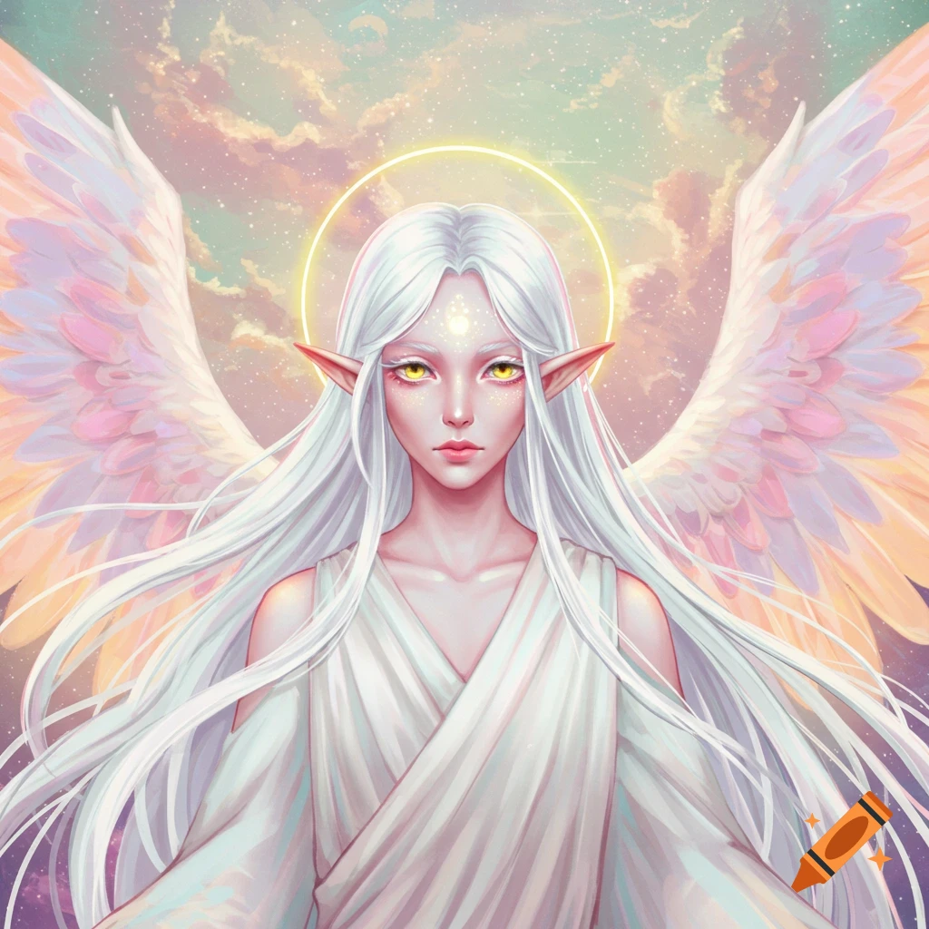 Illustration of an angel with white hair, pointed ears, and large wings ...