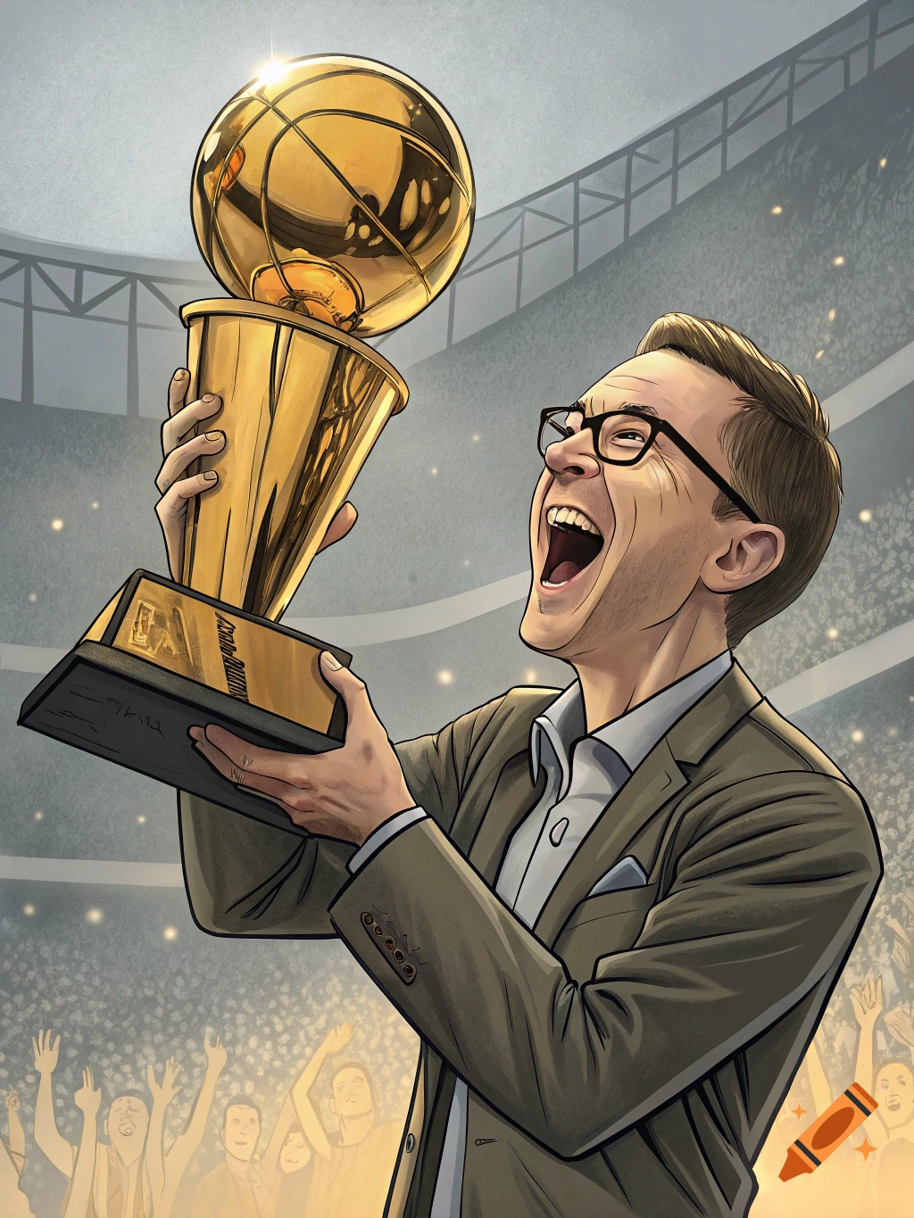 Cartoon of a man holding a golden basketball championship trophy in a ...