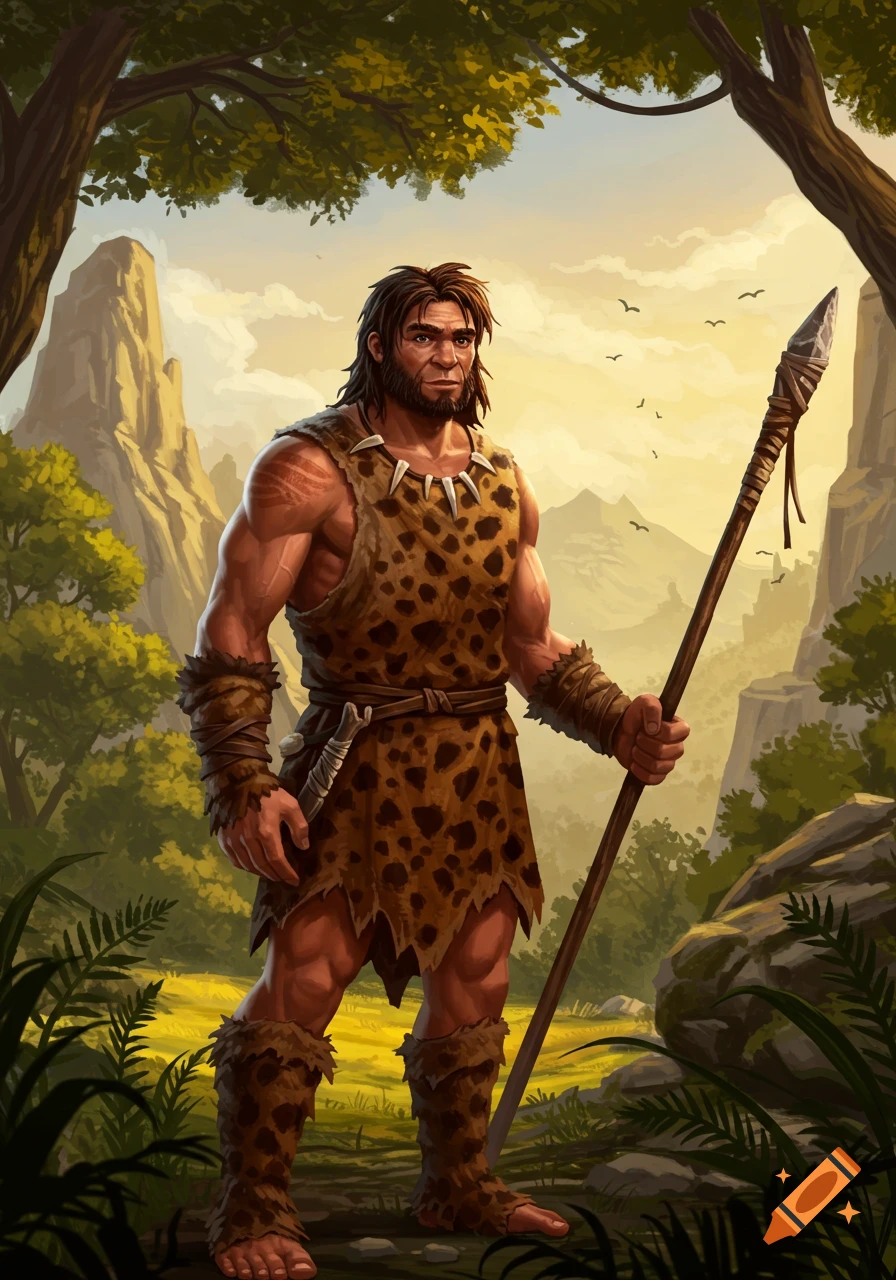 A strong caveman holds a spear in a sunny, rocky landscape. on Craiyon