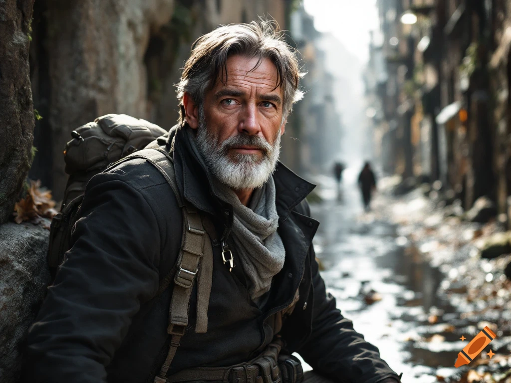 Photorealistic portrait of a rugged man with a beard and backpack in a ...