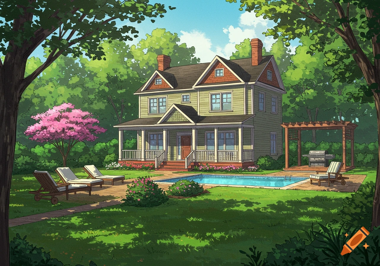 Illustrated suburban house with a large yard, pool, and lounge chairs ...