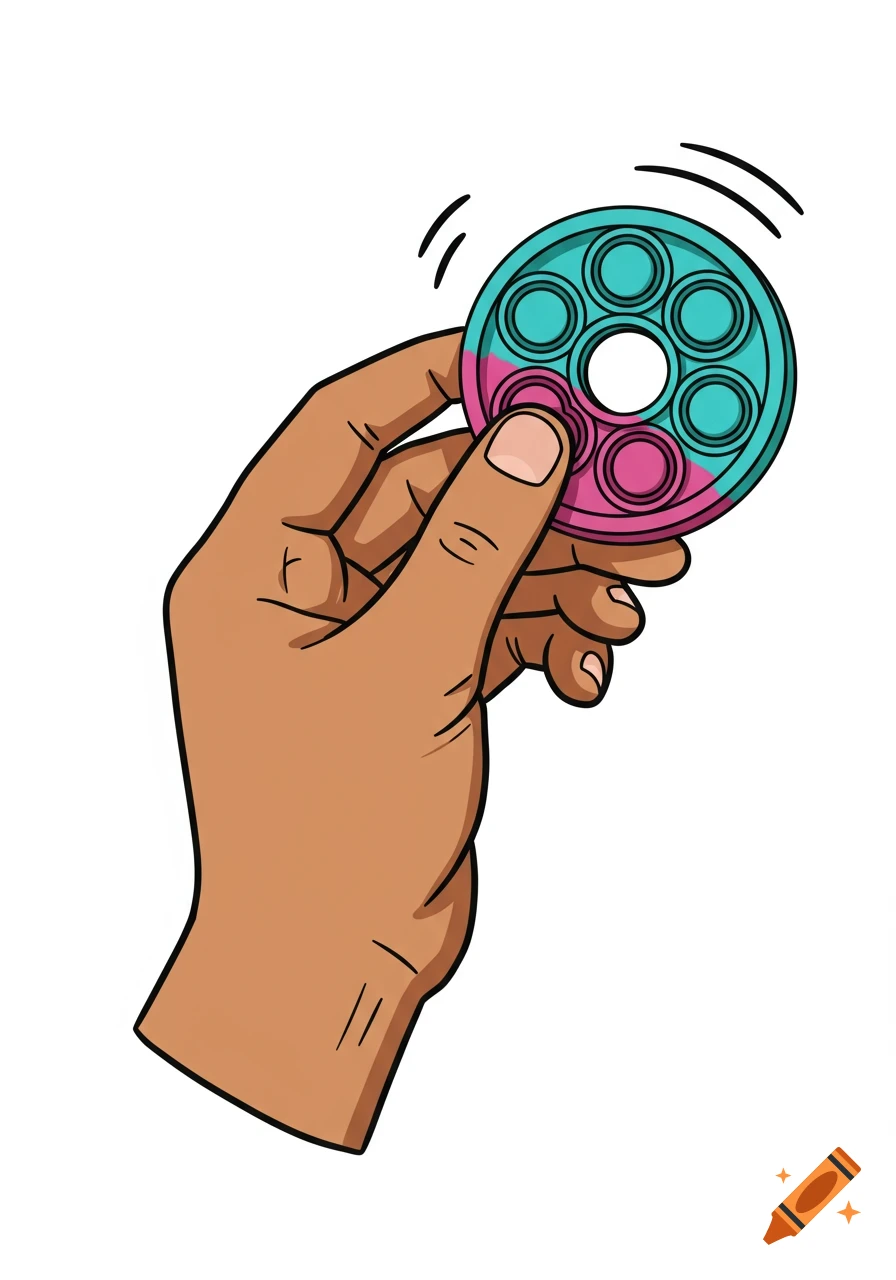 Illustration of a hand holding a round pink and blue fidget toy on Craiyon