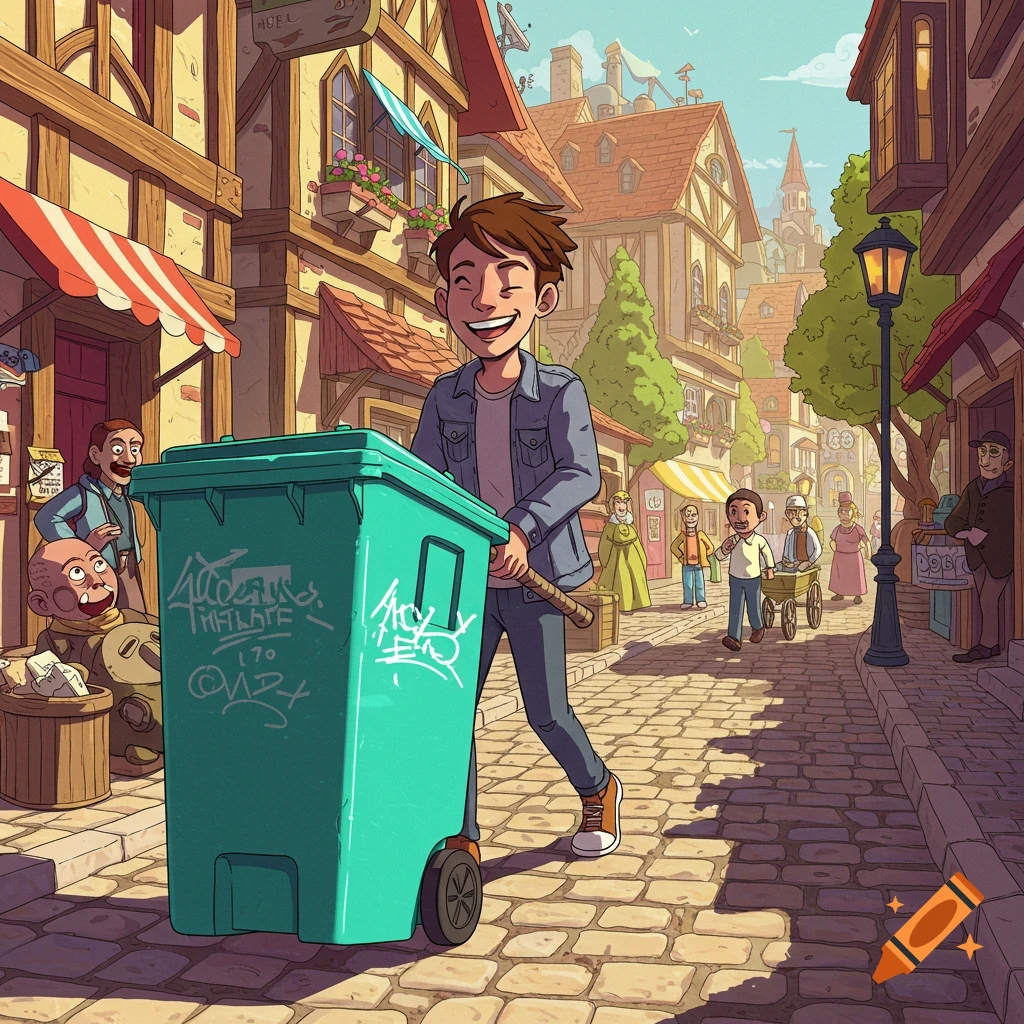 A person pulls a large trash can down a sunny street in a cartoon-style ...