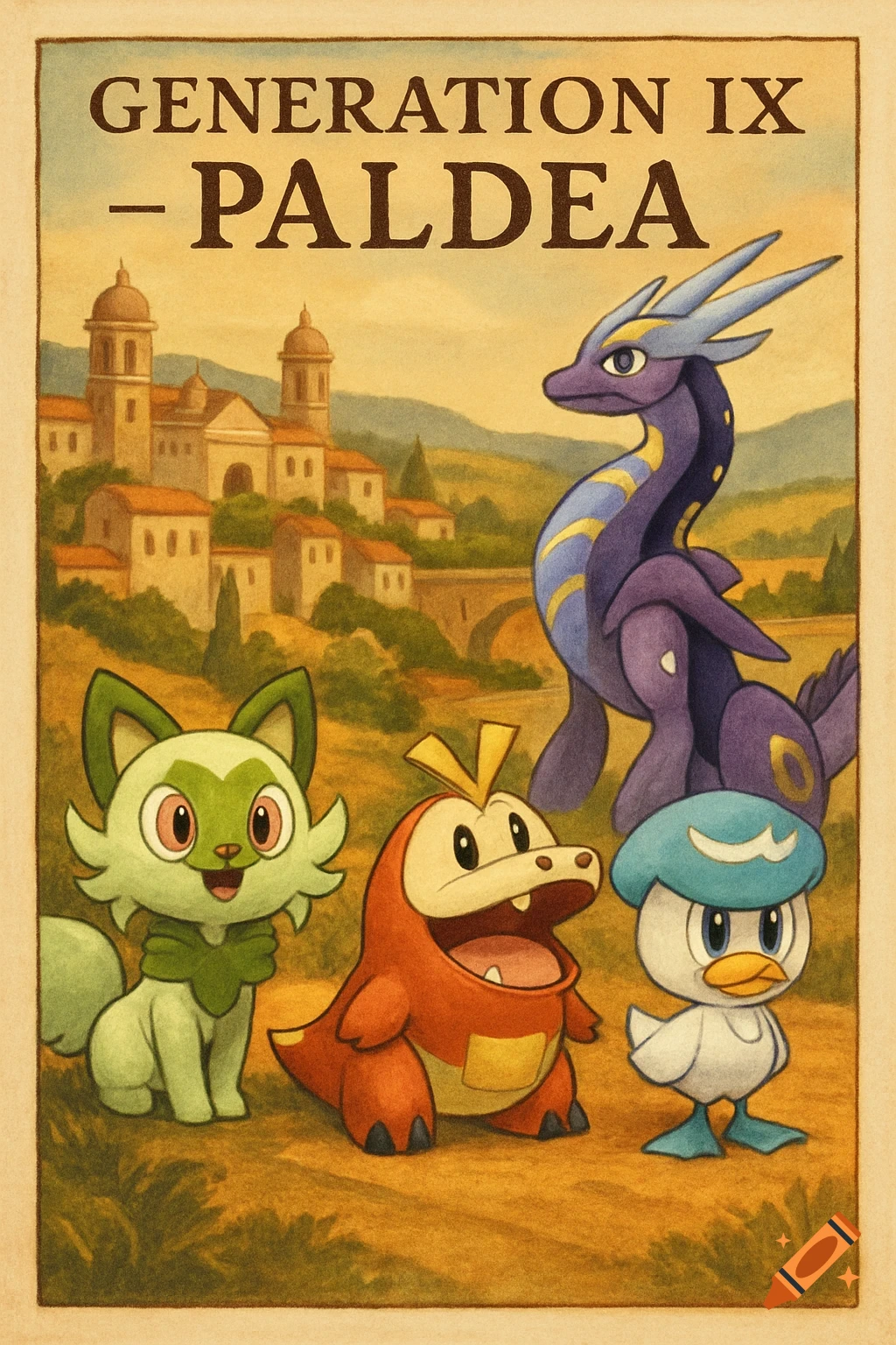 Vintage poster illustration of Pokemon starters Sprigatito, Fuecoco ...
