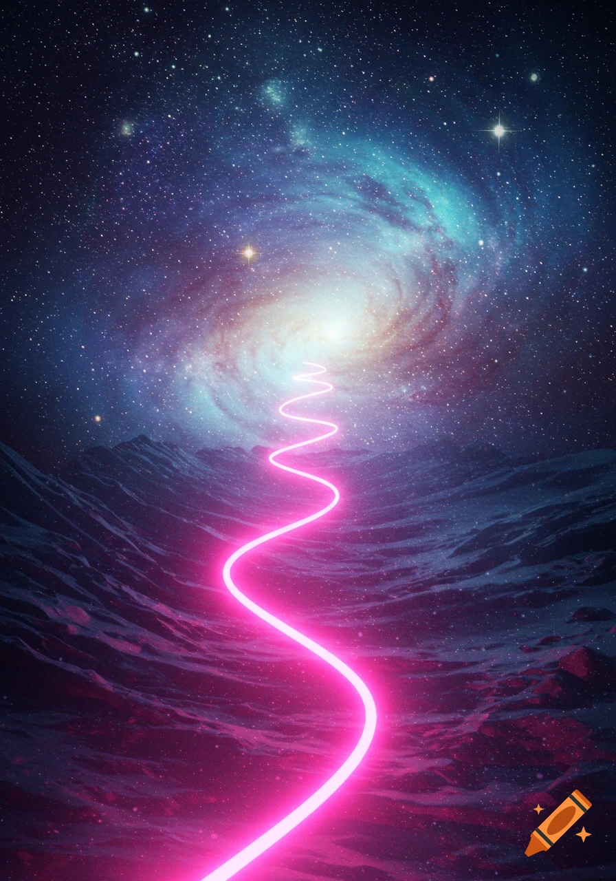 Bright pink path leads through dark landscape to a vibrant galaxy in a ...