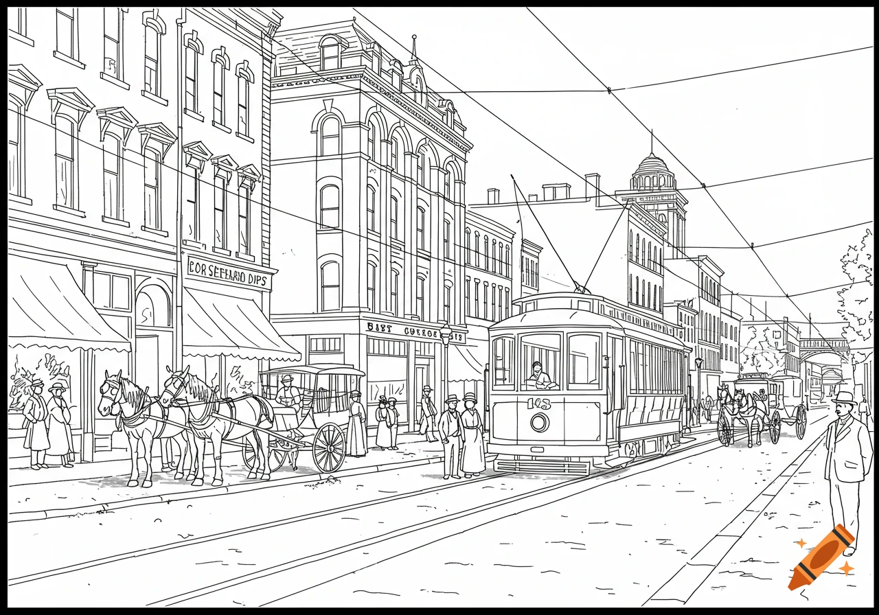 Black and white line drawing of a historical street scene with a ...