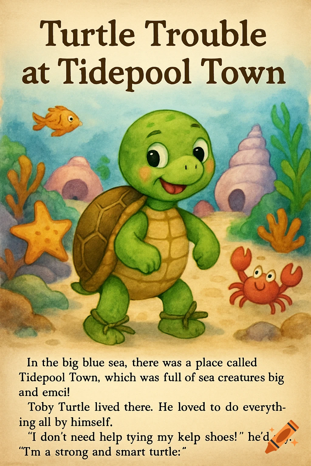 A cute cartoon turtle in an underwater scene with text, in a storybook ...