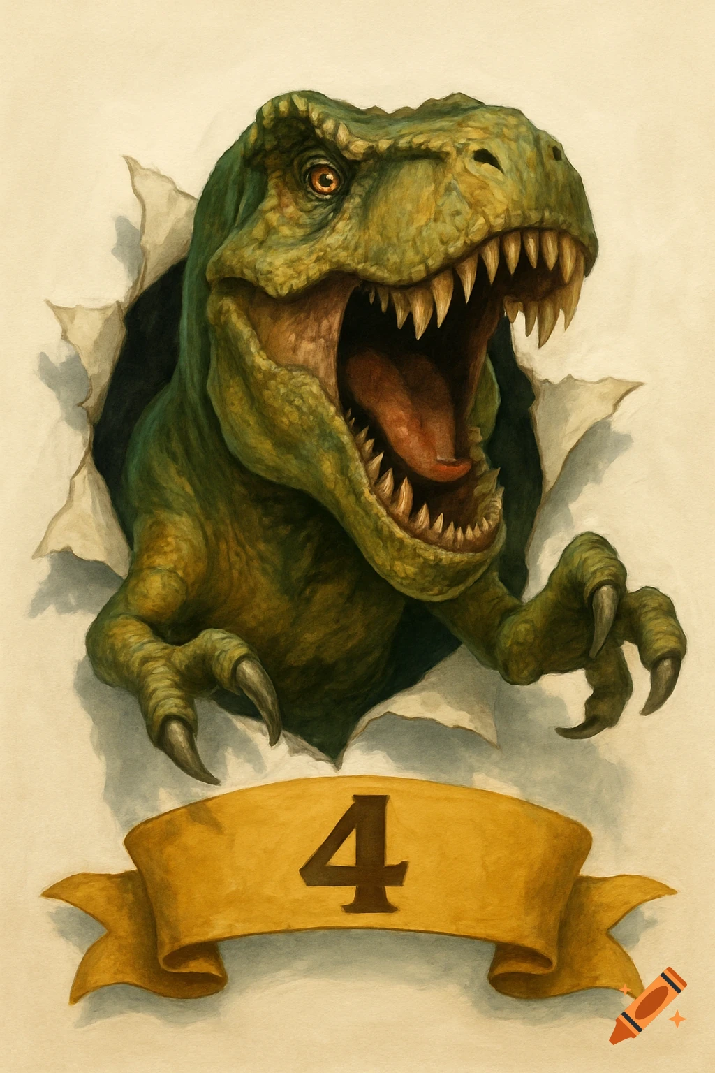 Illustration of a T-Rex dinosaur bursting through paper with a banner ...