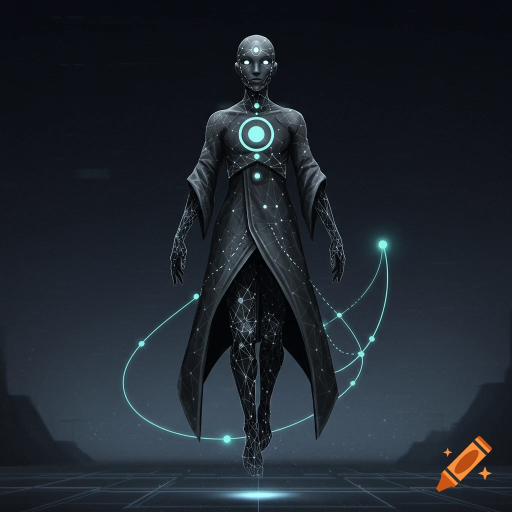 A stylized dark sci-fi android in a robe floats, glowing blue lines ...