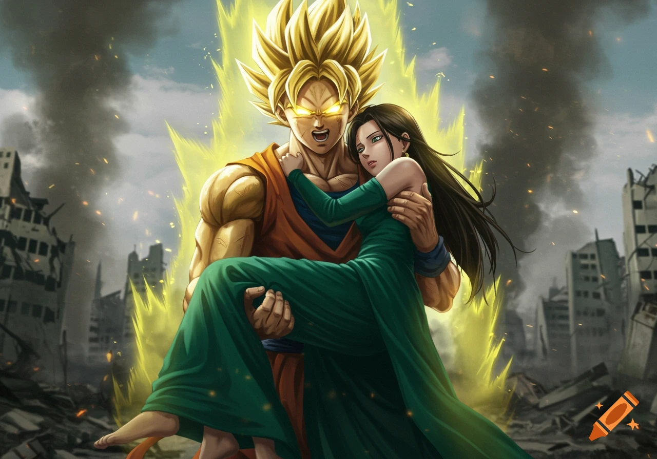 A Super Saiyan character holds a woman in a green dress in a destroyed ...