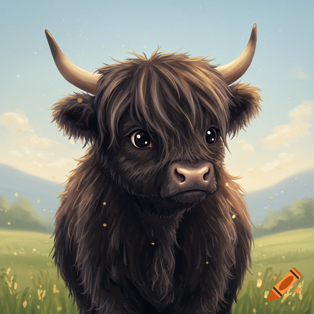 A cute black Highland cow stands in a grassy field under a blue sky ...