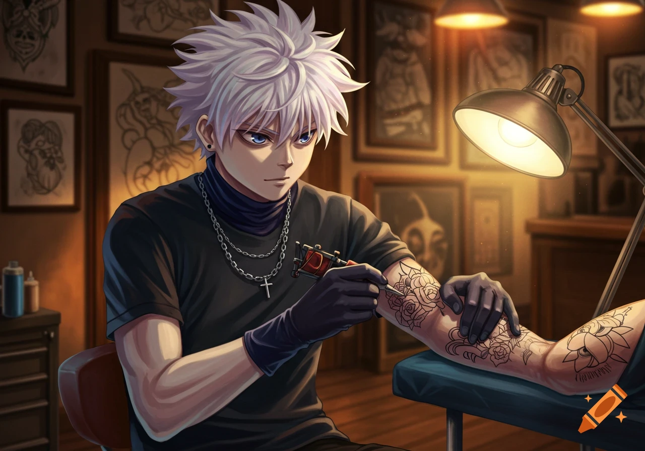 Anime character Killua tattooing an arm in a tattoo parlor. on Craiyon