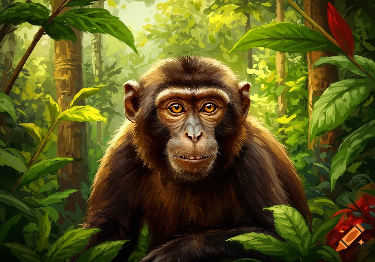 Close-up painted portrait of a monkey in a lush green jungle looking ...