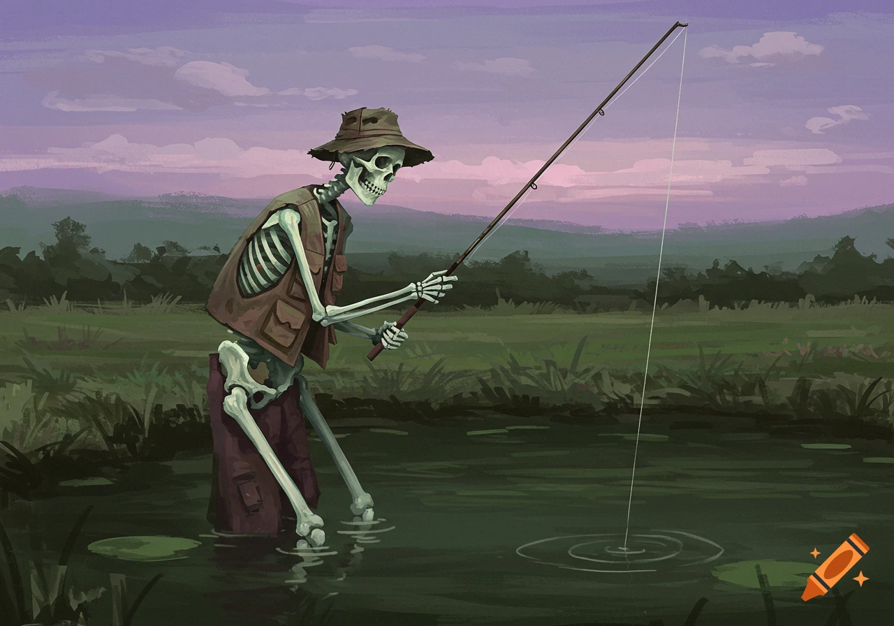 A skeleton wearing a hat and vest fishes in a swamp at sunset. on Craiyon