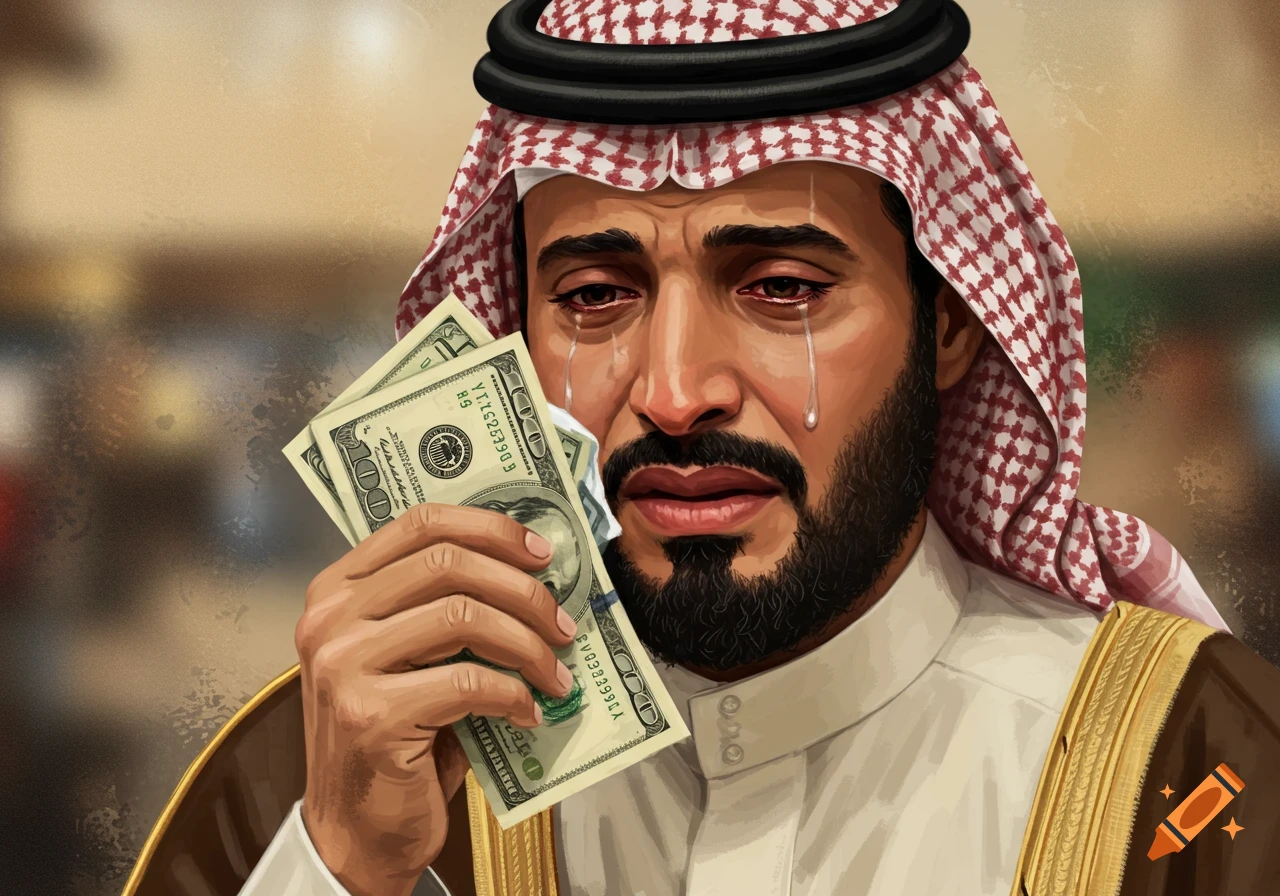 Illustration of a crying Saudi man holding US dollar bills on Craiyon