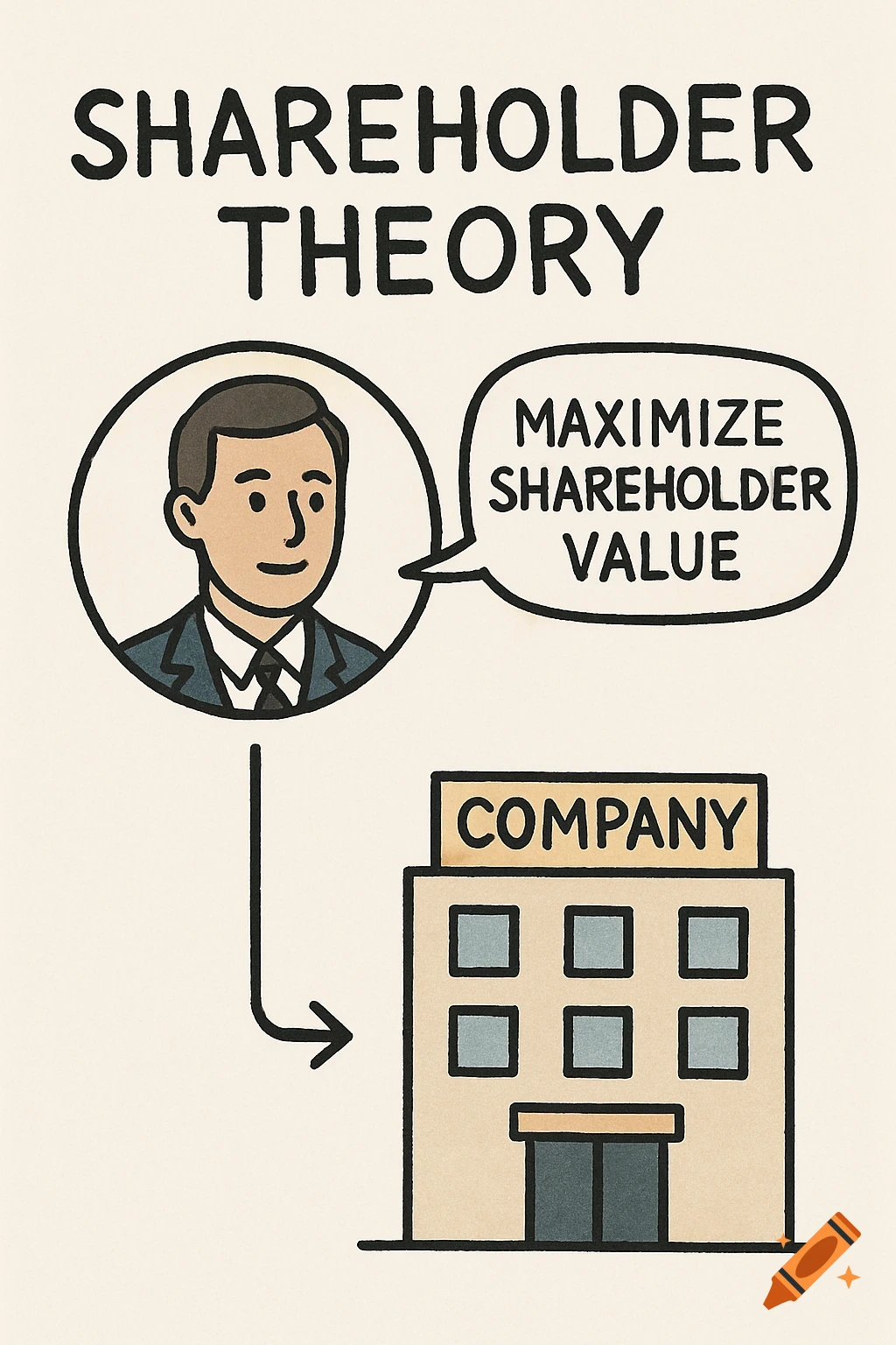 Illustration explaining shareholder theory with a person saying ...