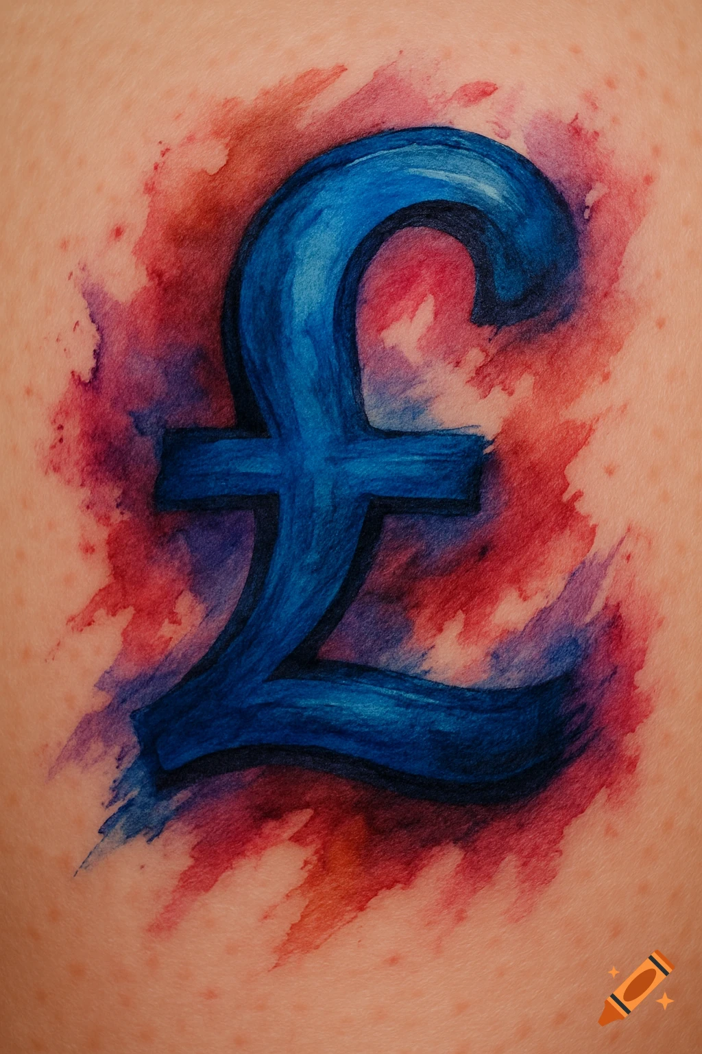 Blue pound sign tattoo with red and purple watercolor splashes on skin ...