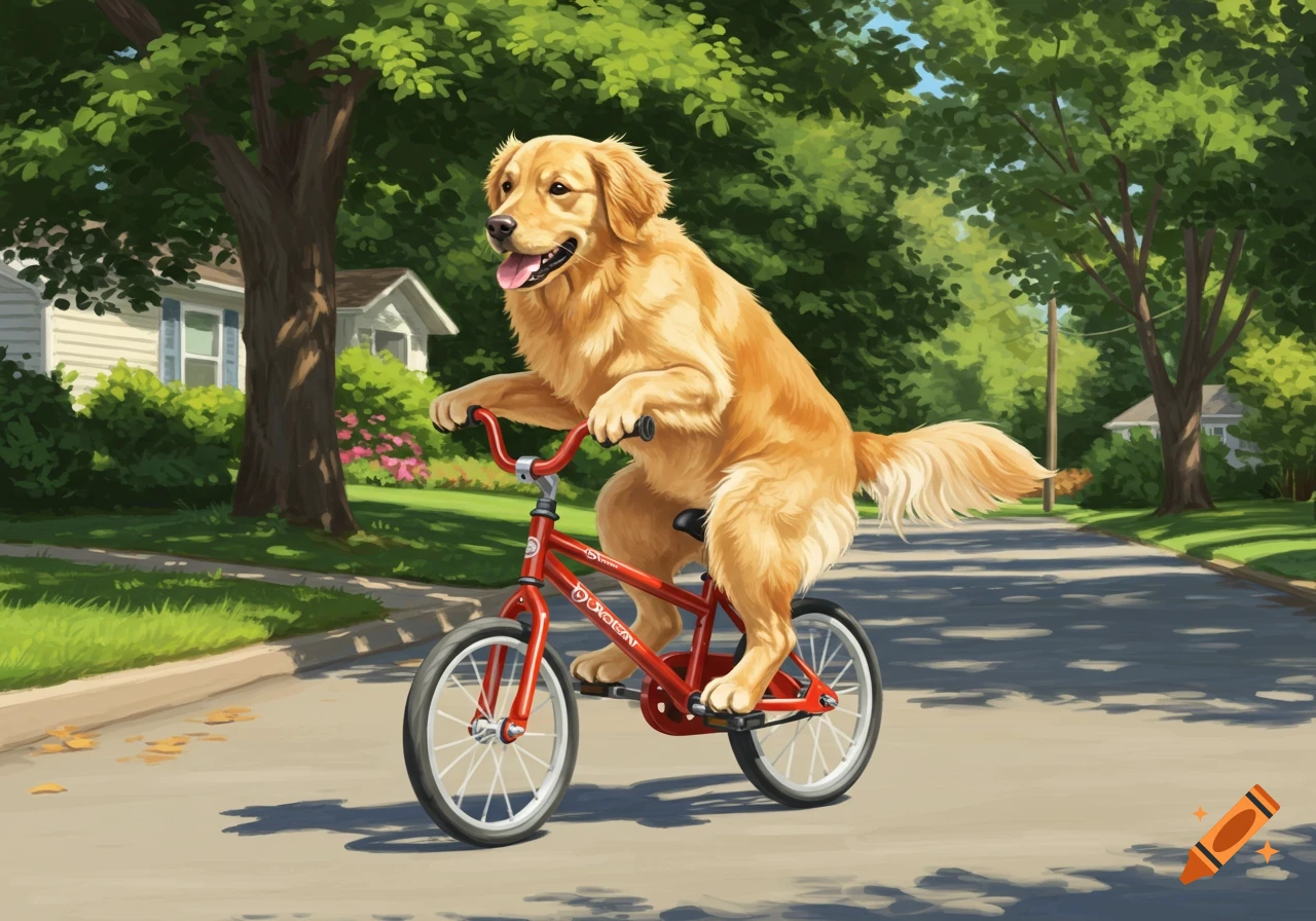 An illustration of a golden retriever riding a red bicycle down a ...