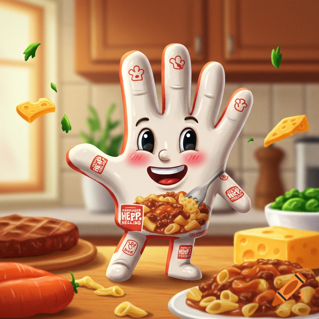 Cartoon hand mascot character eating pasta in a kitchen with cheese and ...