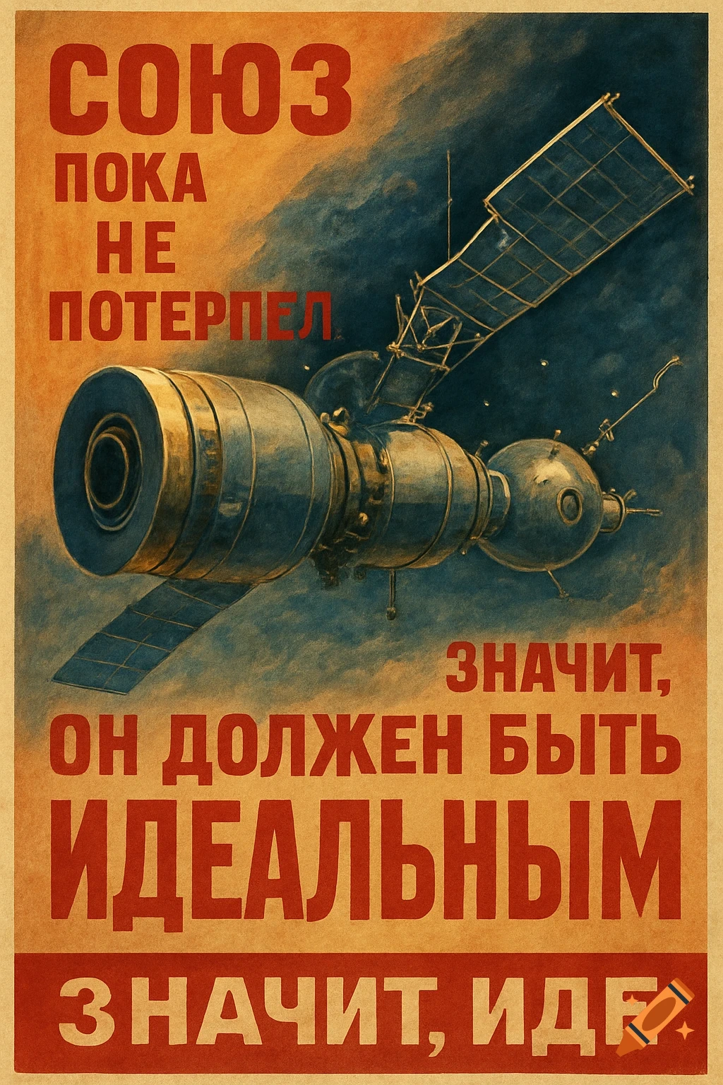 A vintage-style Soviet propaganda poster shows a space station with red ...