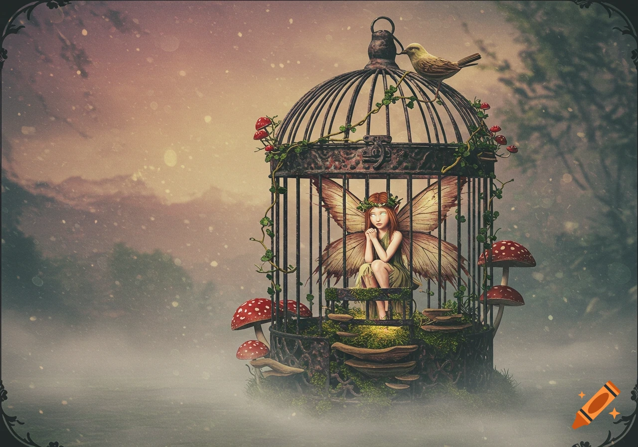 Tiny winged fairy inside an old birdcage with a bird and mushrooms ...