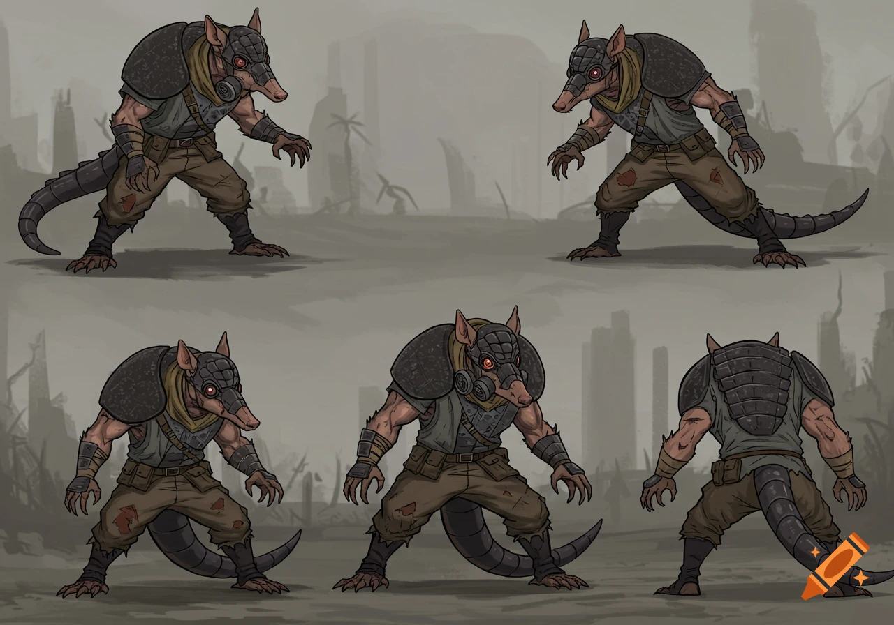 Turnaround of a humanoid armadillo character in post-apocalyptic gear ...
