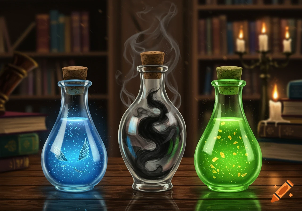 Three magical potion bottles (blue with wings, black smoke, green with ...