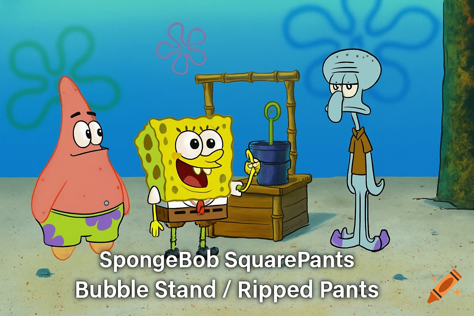 Spongebob, Patrick, and Squidward standing on a beach near a bubble ...