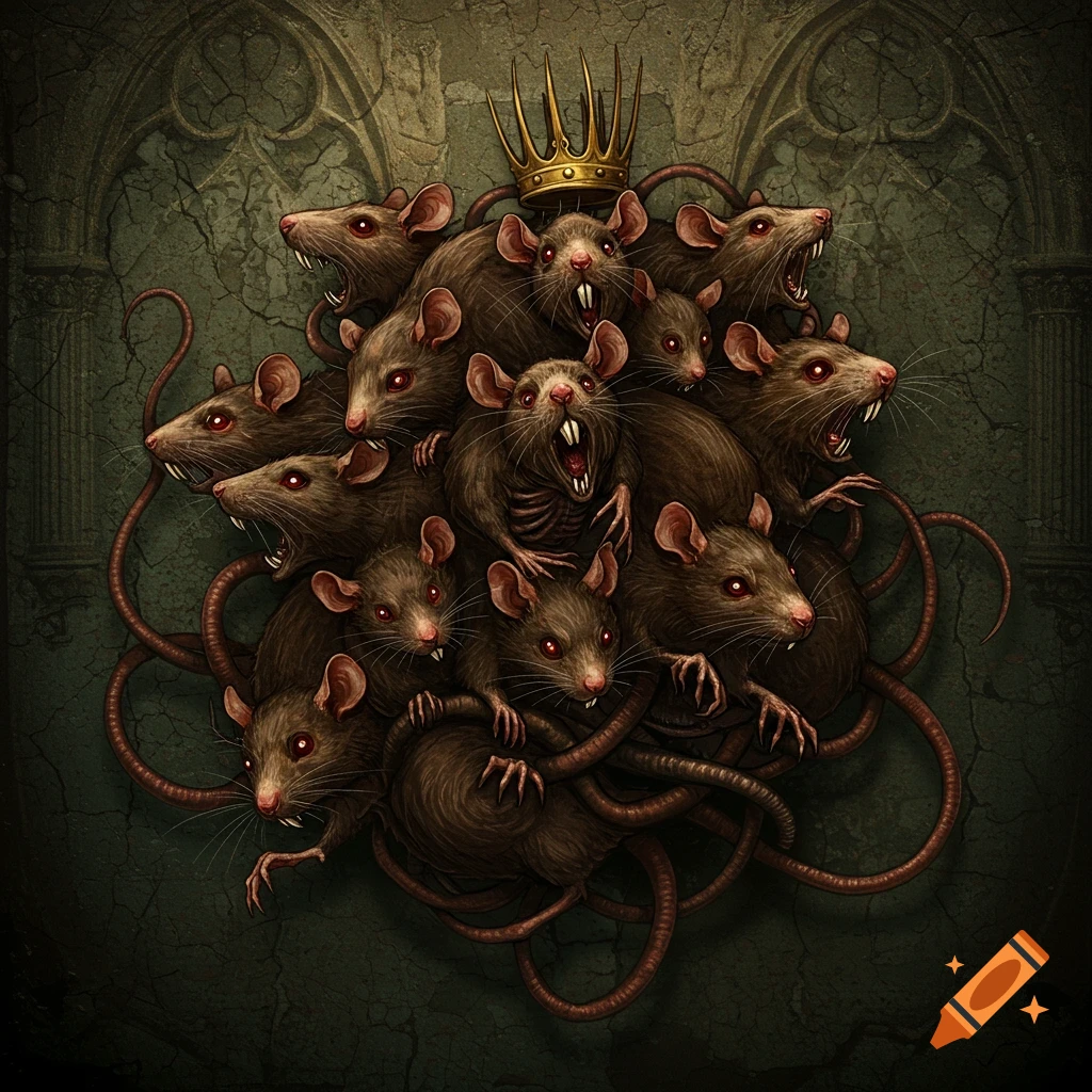 A grotesque rat king, a mass of intertwined rats with red eyes and ...