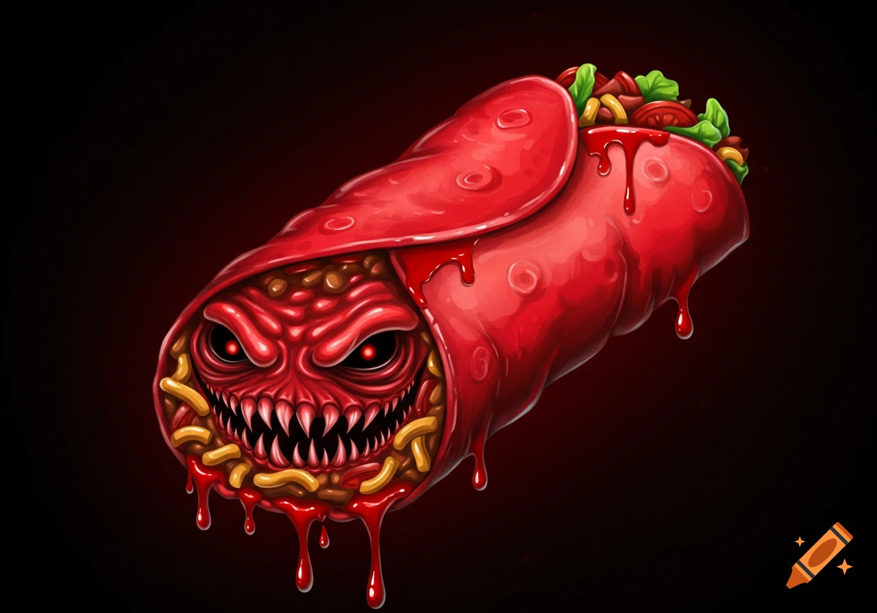 Illustration of an evil red monster burrito with sharp teeth and ...
