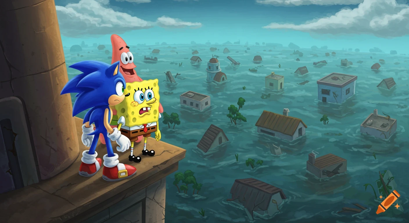 Sonic, Spongebob, and Patrick look out over a town flooded with water ...