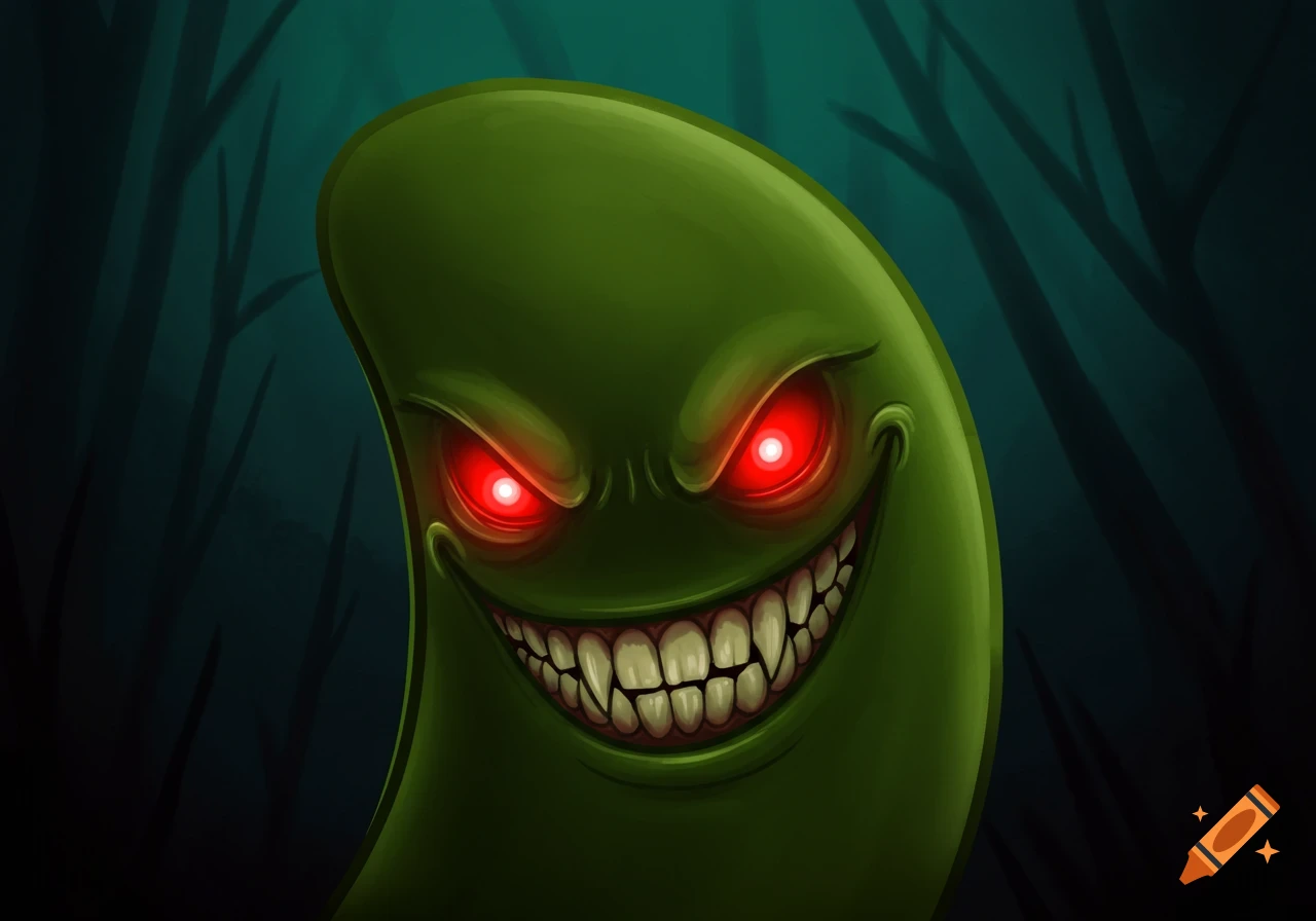 A creepy green bean monster with glowing red eyes and sharp teeth in a ...