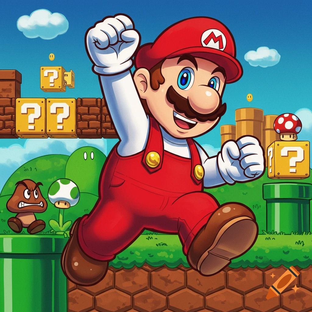 Mario jumps with raised fist in a Super Mario level with Goomba and ...