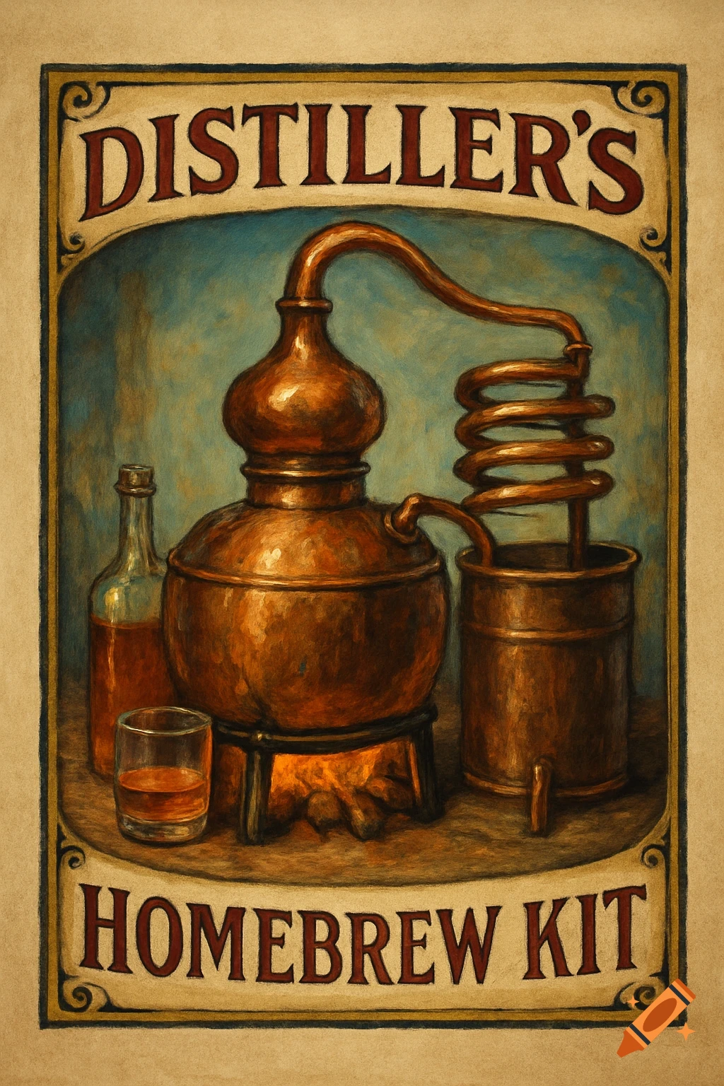 Vintage illustration of a distiller setup with a bottle and glass ...