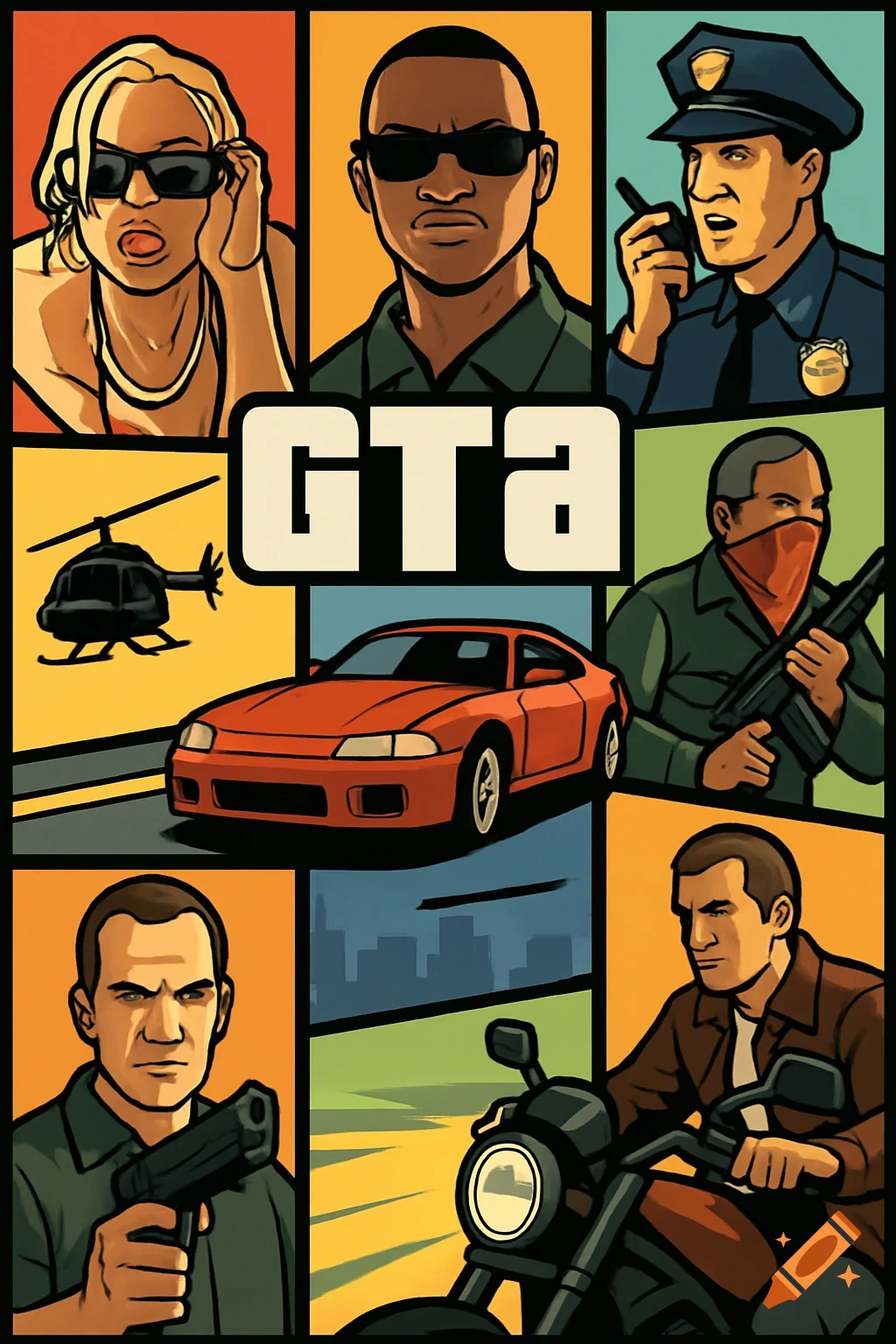Stylized poster art featuring multiple characters, vehicles, and 'GTA ...