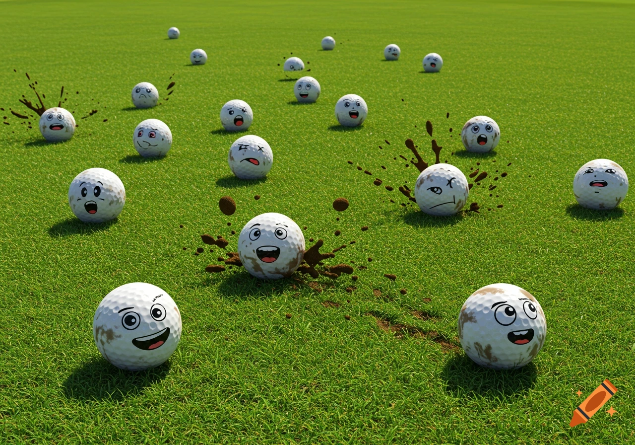Multiple goofy golf balls with faces covered in dirt on a green golf ...