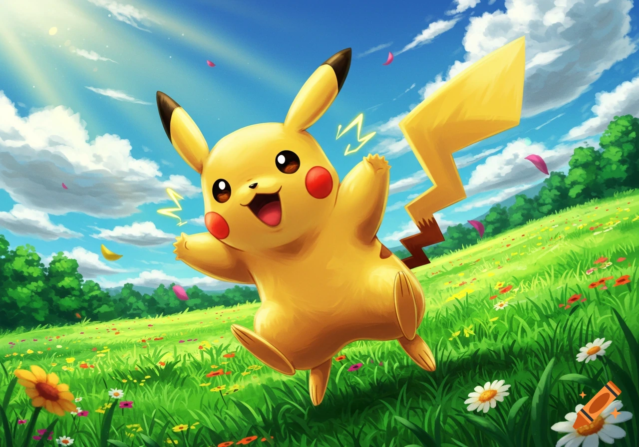 A happy Pikachu leaps in a sunny, flower-filled field under a bright ...