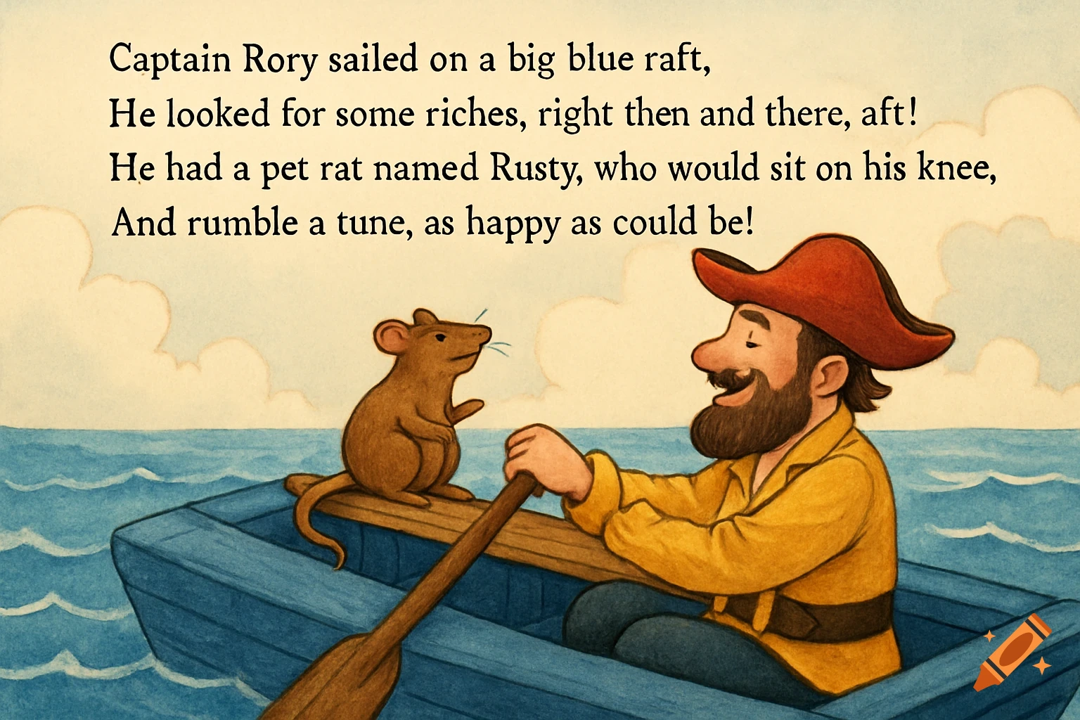 Cartoon illustration of a pirate and his pet rat in a blue boat on the ...