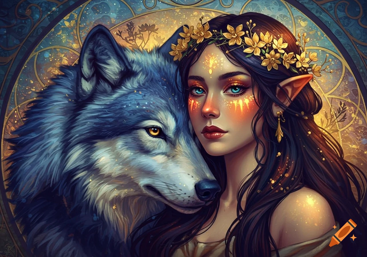 Fantasy portrait of a woman with pointy ears and a wolf, detailed ...