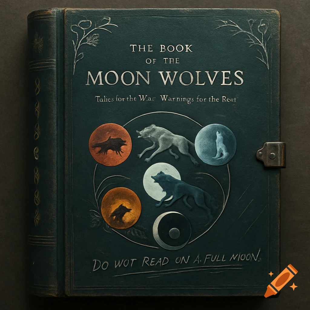 A dark fantasy book cover titled 'The Book of the Moon Wolves' with ...