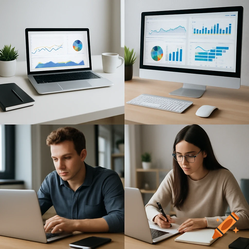 Split image showing business people working on laptops and desktops ...