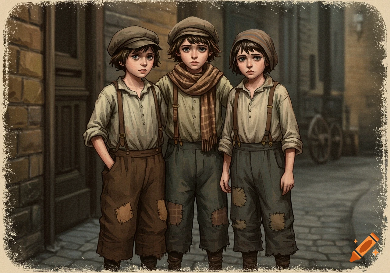 Three young boys dressed as 1800s orphans stand in a street in an ...